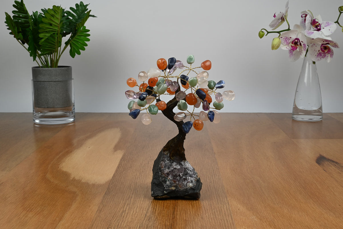 Handmade 19cm Tall Mixed Gem Gemstone Tree with Crystal base and 60 ge ...