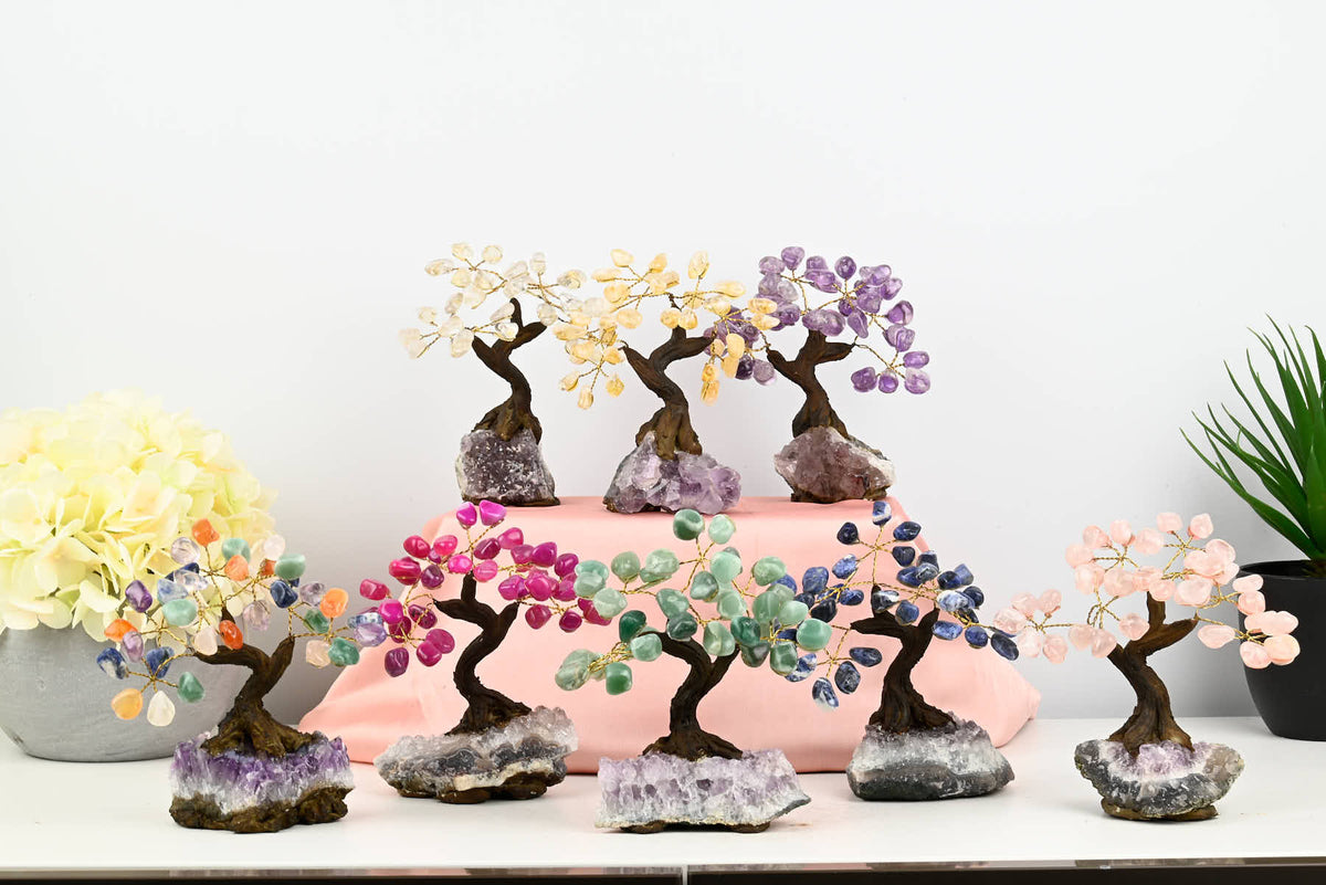 Handmade 13cm Tall Mixed Gem Gemstone Tree with Crystal base and 35 ge ...