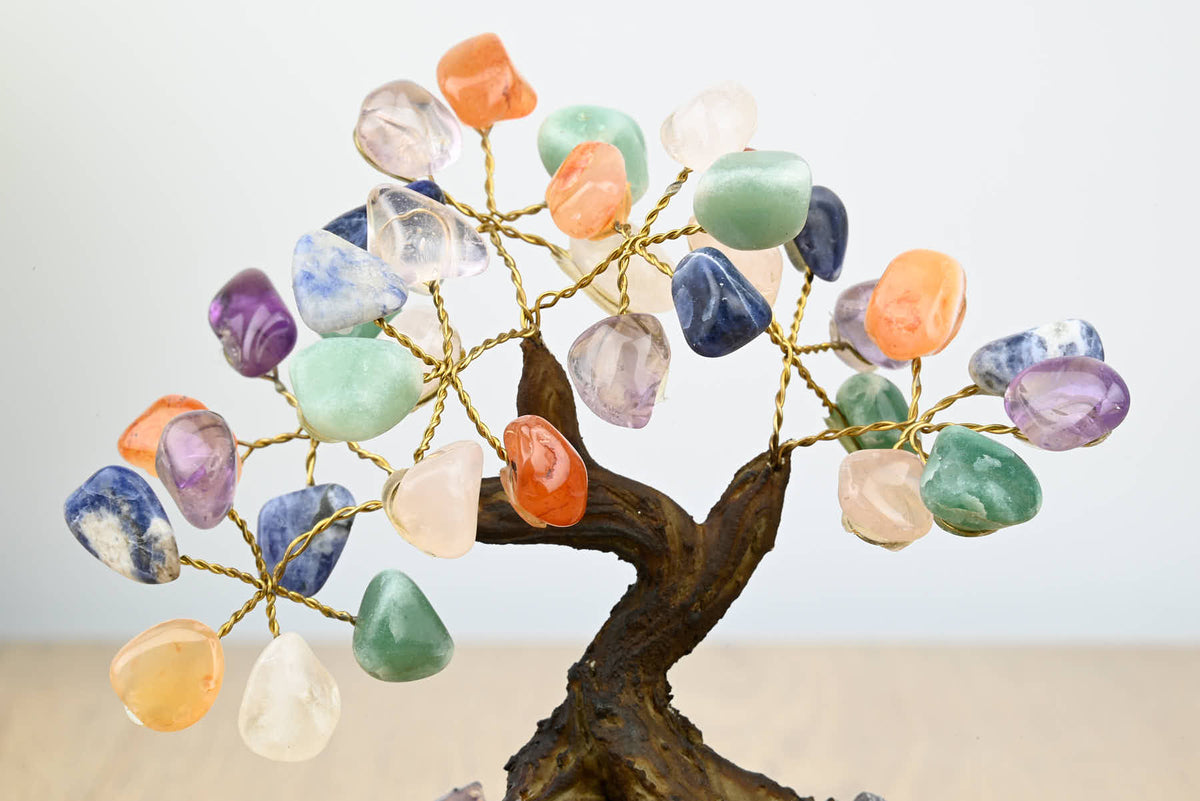 Handmade 13cm Tall Mixed Gem Gemstone Tree with Crystal base and 35 ge ...