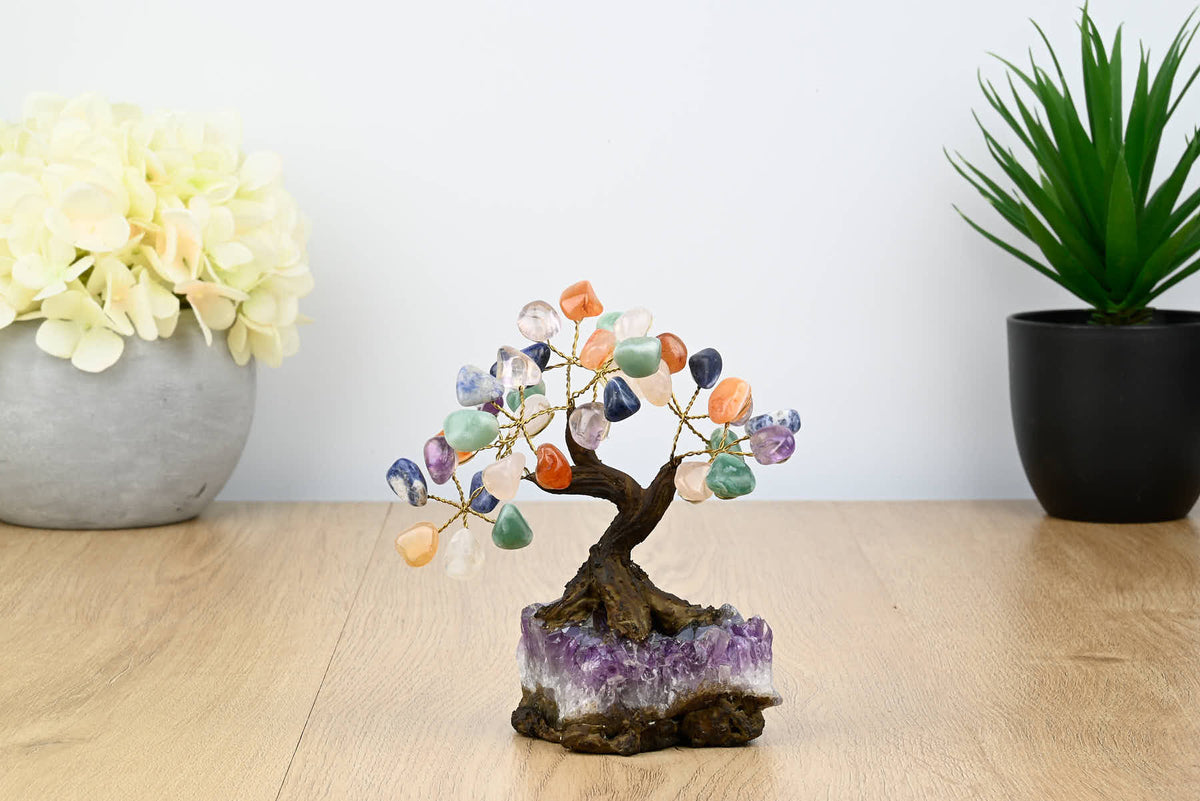 Handmade 13cm Tall Mixed Gem Gemstone Tree with Crystal base and 35 ge ...